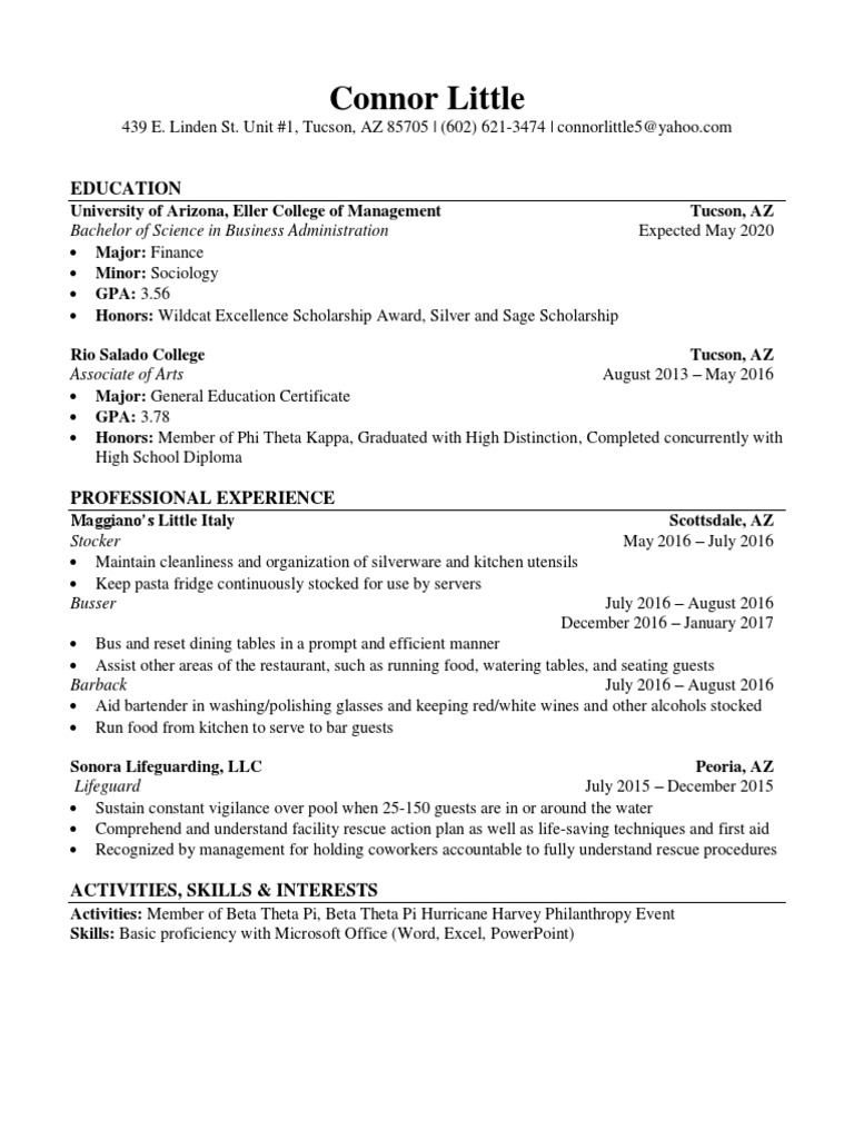 Little Connor Resume | PDF | Restaurant And Catering | Business