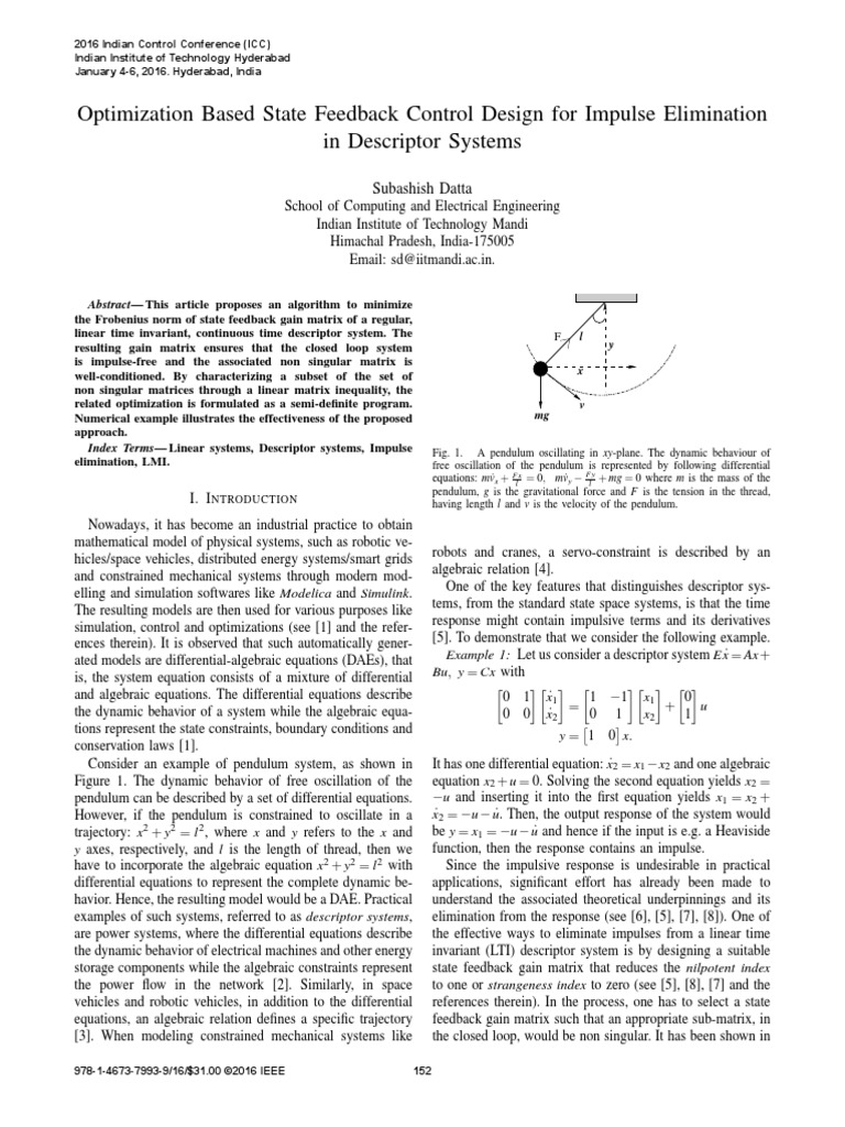 Optimization Based State Feedback Control Design For Impulse Elimination in Descriptor Systems ...