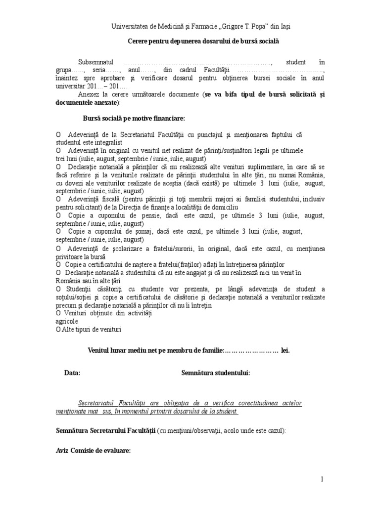 Cerere Bursa Sociala UMF IASI