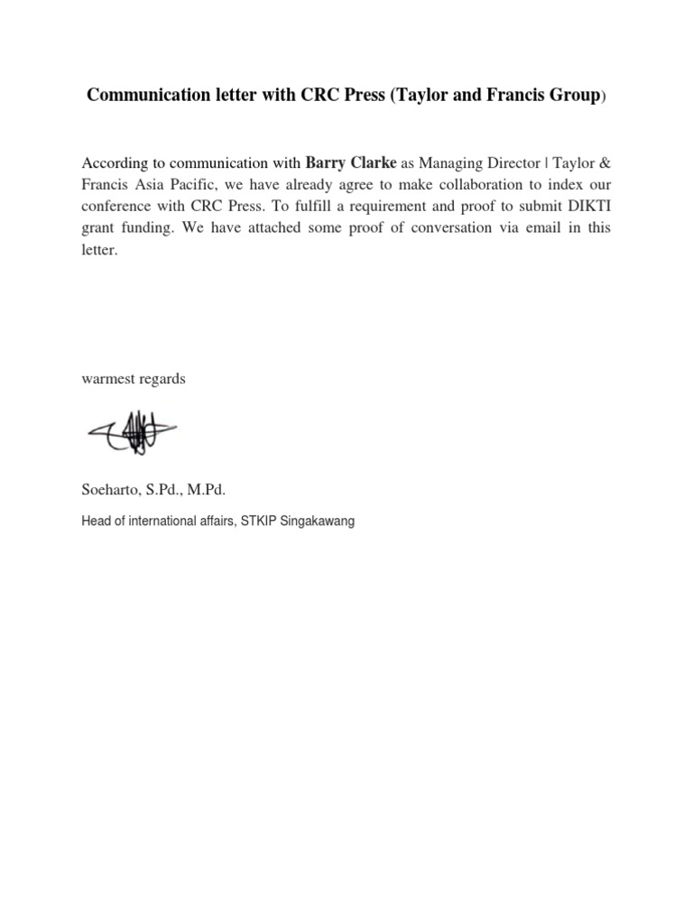 Communication Letter With CRC Press | PDF | Open Access | Publishing