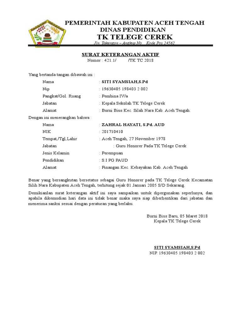 Surat Ket Aktif TK Telege Cerek | PDF