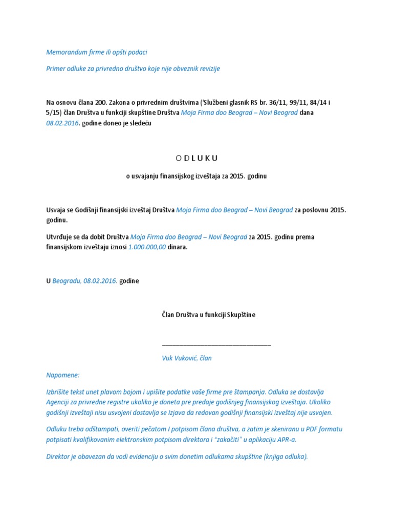 Odluka o Usvajanju Finansijskih Izvestaja | PDF