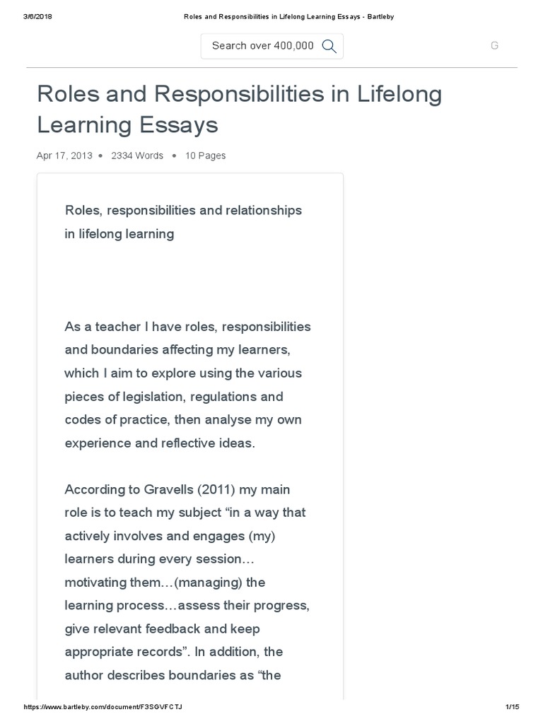 Roles and Responsibilities in Lifelong Learning Essays - Bartleby | PDF ...