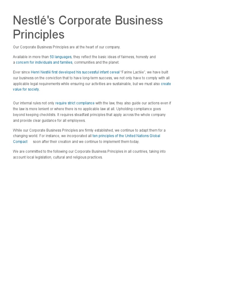 Nestlé's Corporate Business Principles - Nestlé Global | PDF