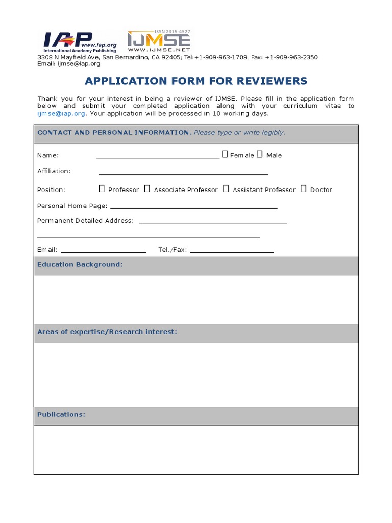 Application Form For Reviewers: CONTACT AND PERSONAL INFORMATION ...