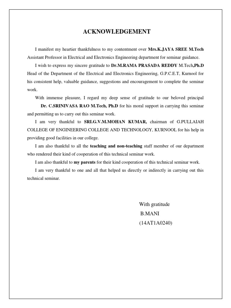 Acknowledgement: With Gratitude B.Mani (14AT1A0240) | PDF