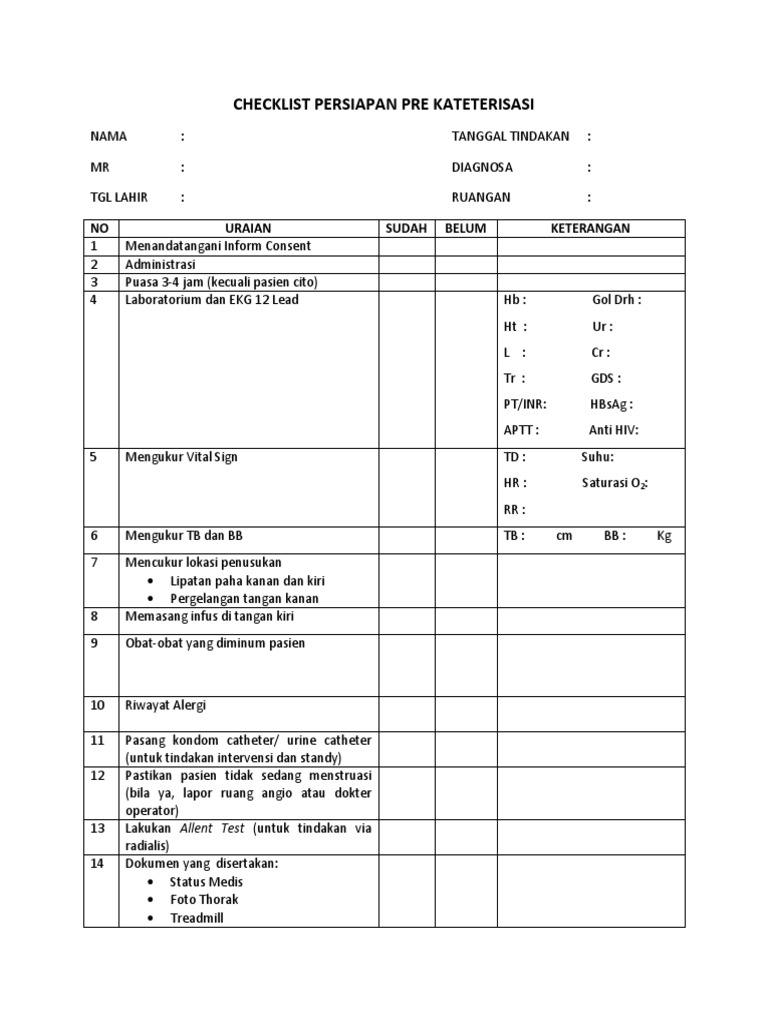 RM Cath.11 Checklist Persiapan Pre Kateterisasi | PDF