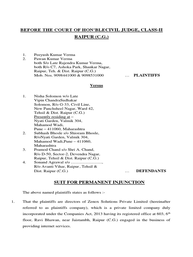 Verma Bros - Civil Suit For Permanent Injunction-Final | PDF | Debt ...