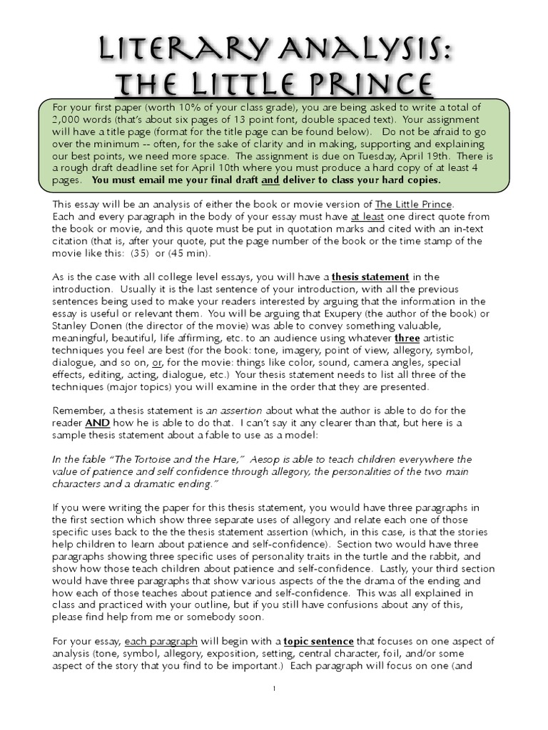 Literary Analysis of The Little Prince | PDF | Essays | Paragraph