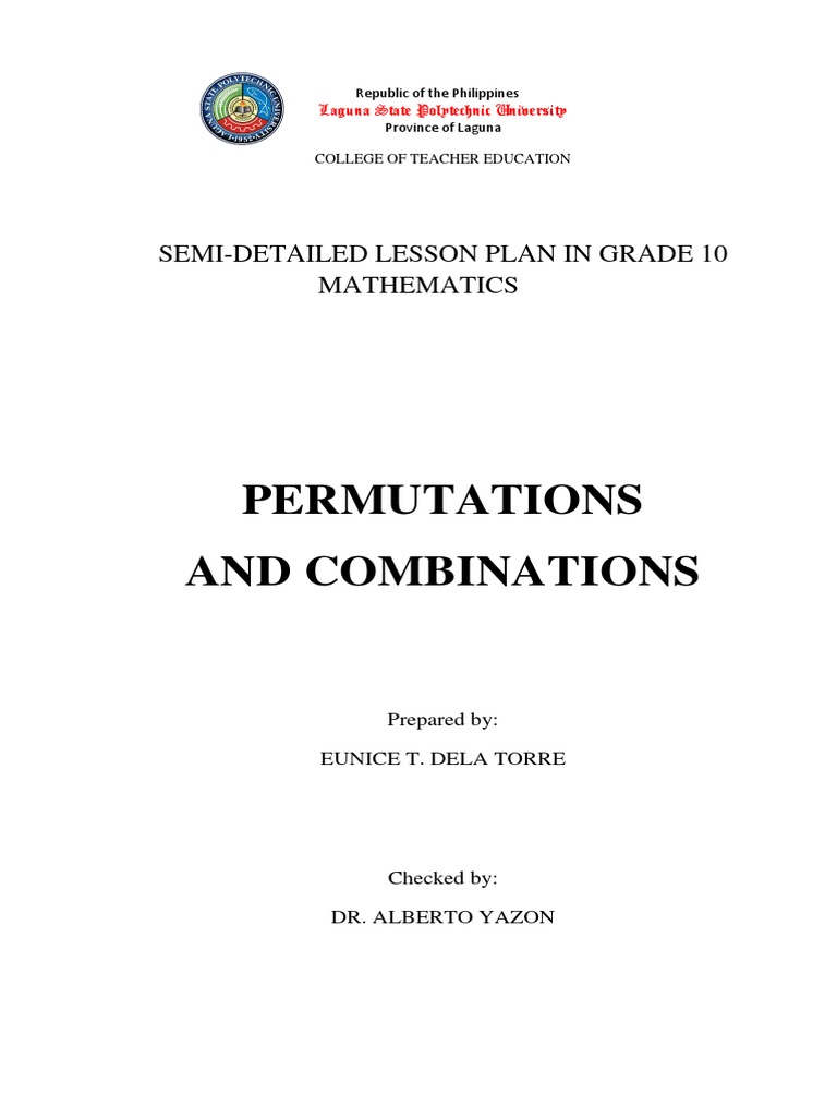 Grade 10 Lesson Plan: Permutations & Combinations | PDF | Lesson Plan ...