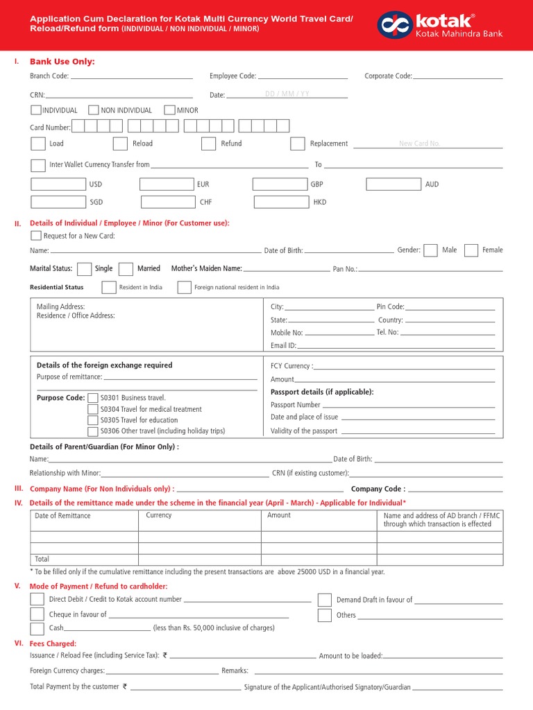 Kotak Multi Currency World Travel Application Form | PDF | Debit Card ...
