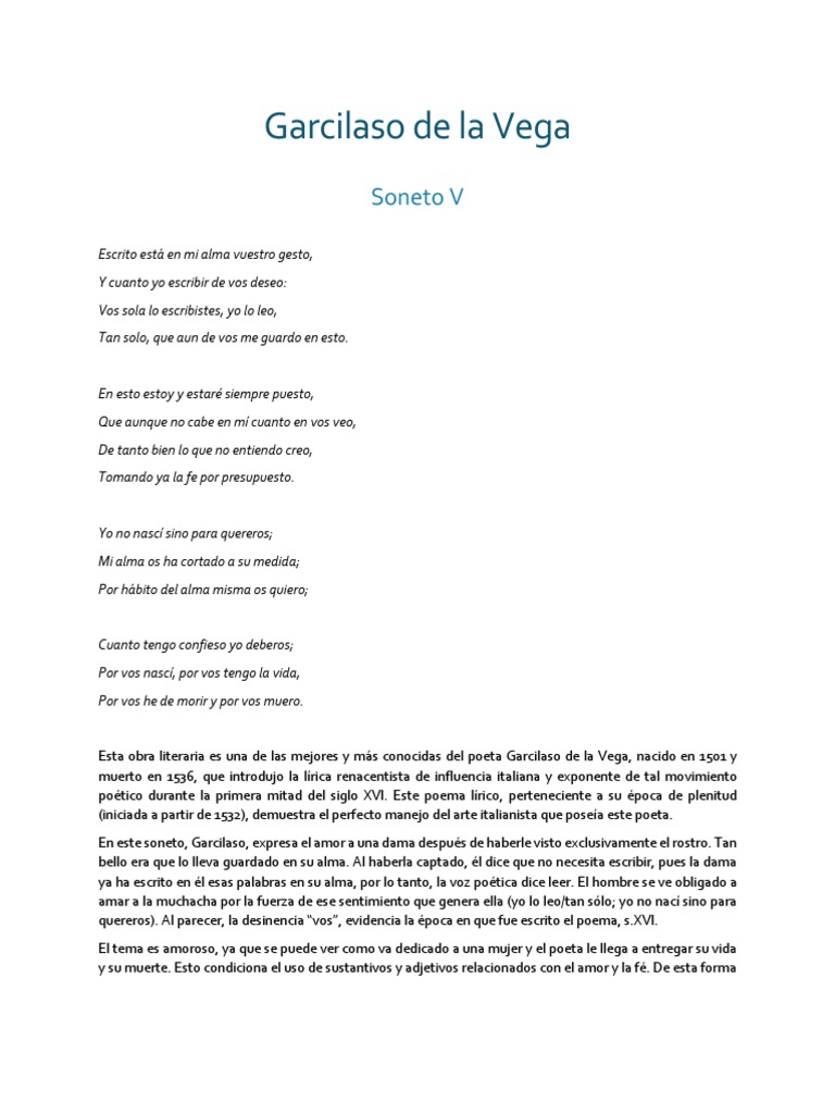 Garcilaso de La Vega Soneto V Comentario | PDF | Metro (poesía) | Poesía