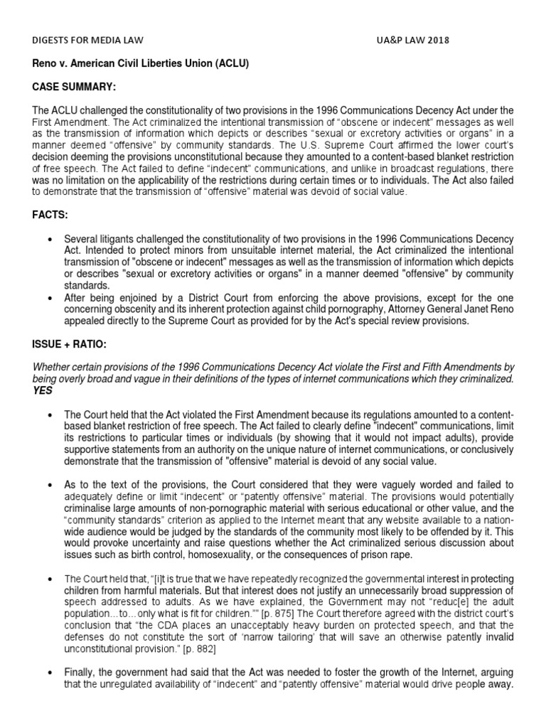 20 Reno v. American Civil Liberties Union (ACLU) | PDF | Obscenity ...