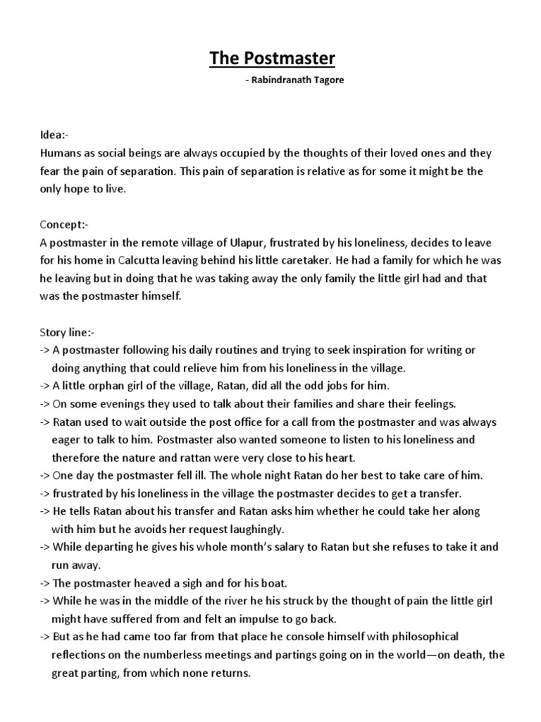The Postmaster By Rabindranath Tagore