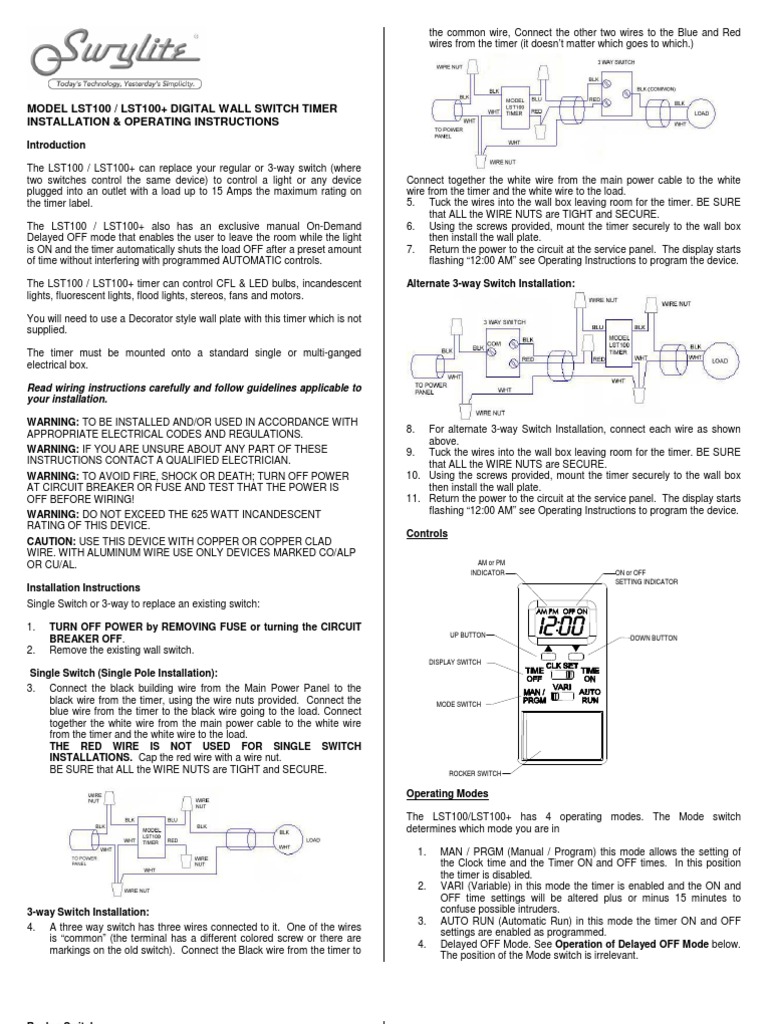 Swylite LST100 Instruction Sheet | PDF | Timer | Switch