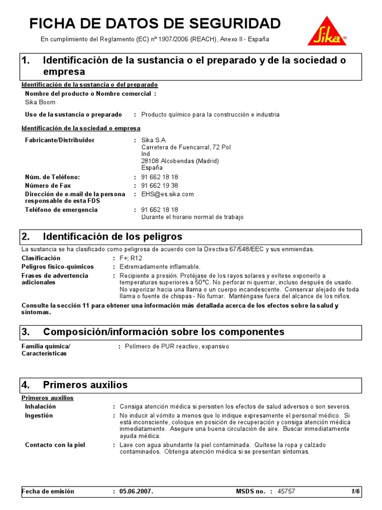 MSDS Sika Boom | PDF | Residuos | Contaminación