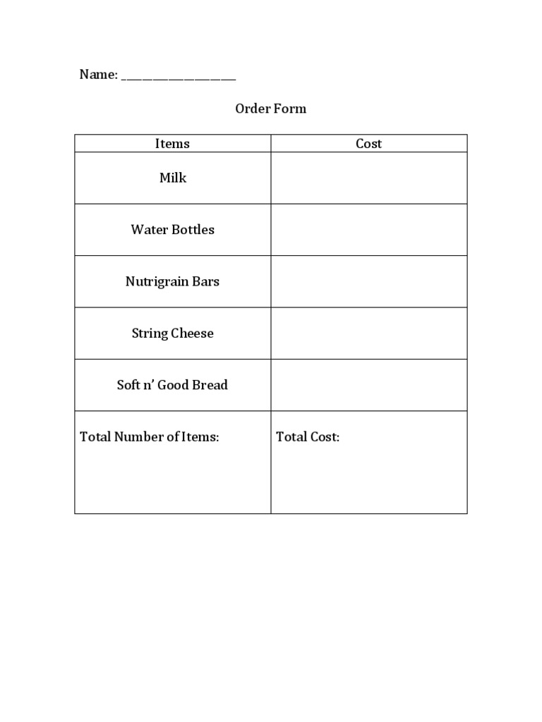 Name: - Order Form Items Cost Milk | PDF