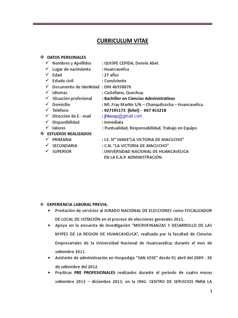 Curriculum Vitae - Dennis - 2018 | Descargar gratis PDF | Organización no gubernamental | Business