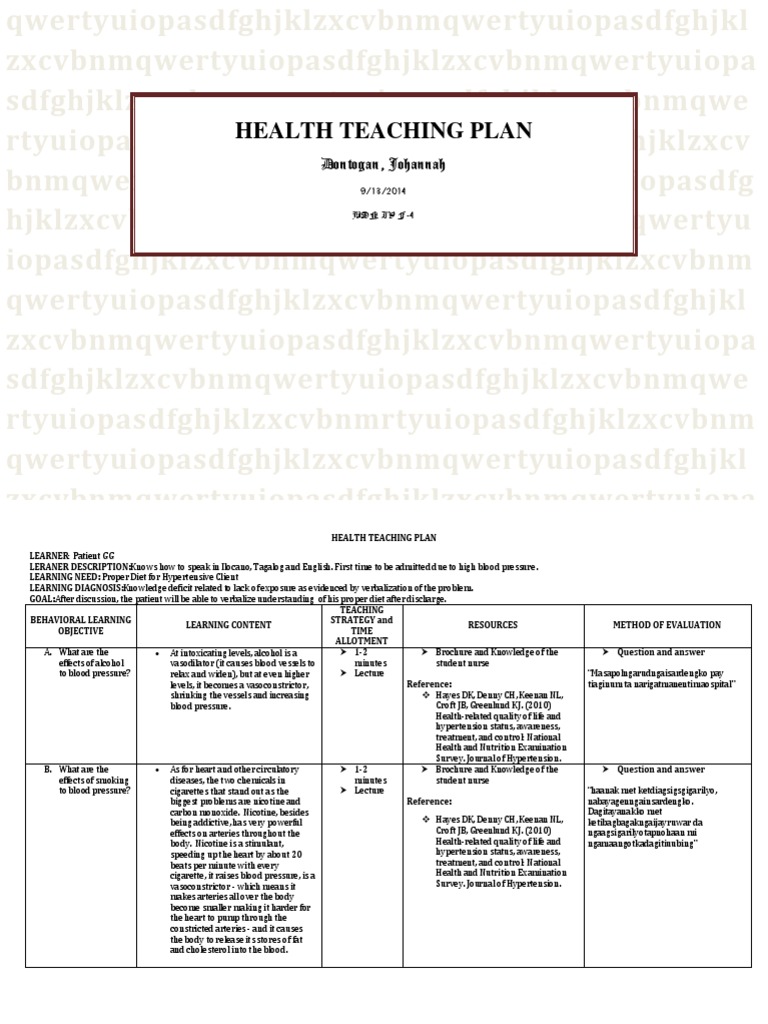 Health Teaching Plan: Dontogan, Johannah | PDF | Atherosclerosis ...
