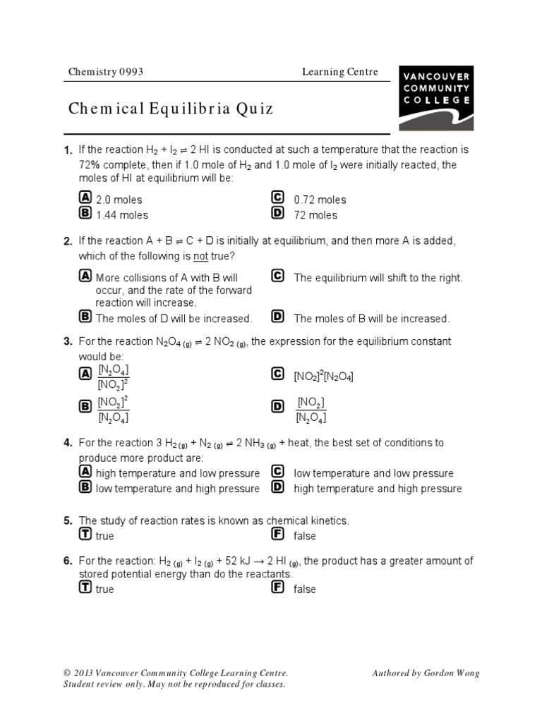 Chem0993 ChemicalEquilibriaQuiz | PDF | Chemical Equilibrium | Reaction ...