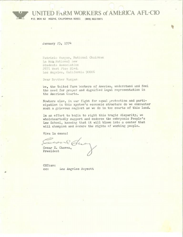 1974 Cesar Chavez Letter in Support of Peoples College of Law | PDF ...