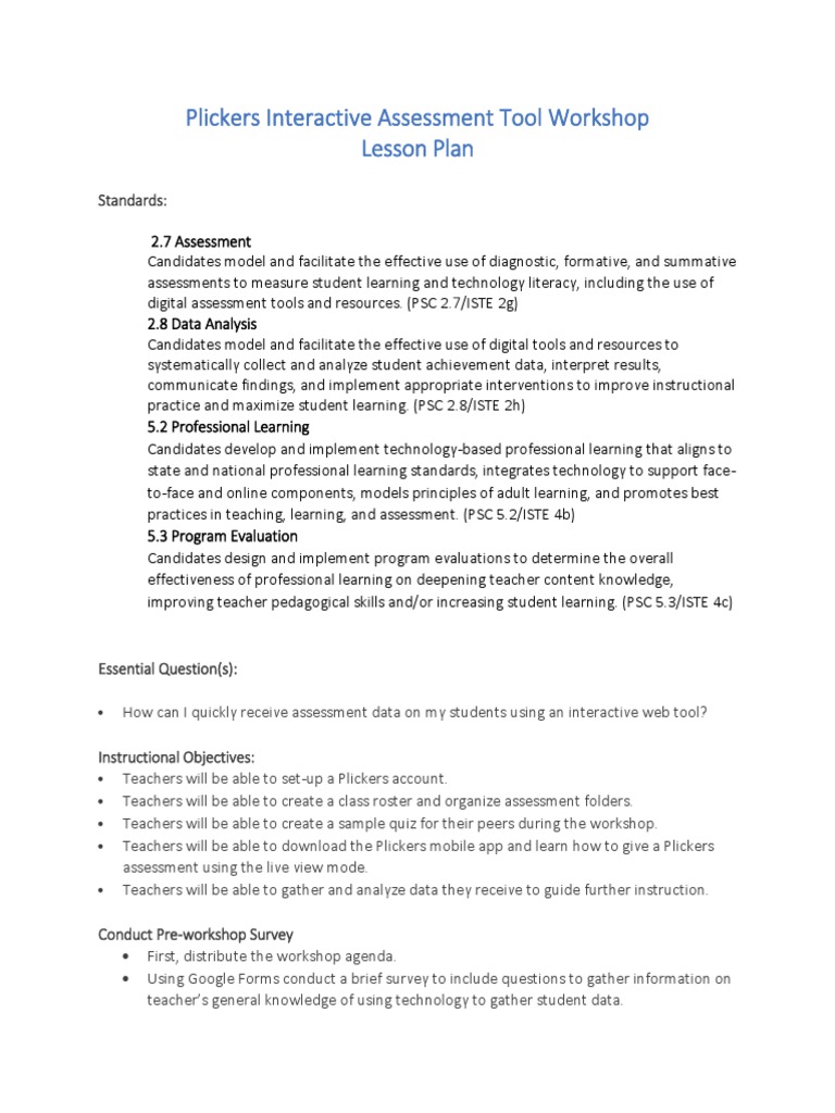 Plickers Interactive Assessment Tool Workshop Lesson Plan | PDF | Educational Assessment ...