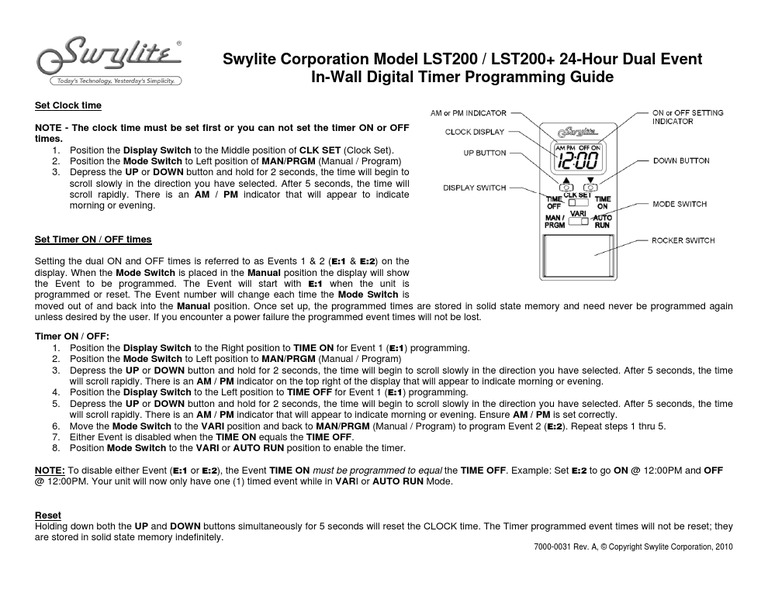 Swylite LST200 In-Wall Timer Programming Guide | PDF | Timer | Clock