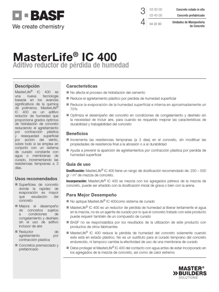 BASF MasterLife IC 400 - Ficha Técnica | PDF | Agua | Producto (Negocio)