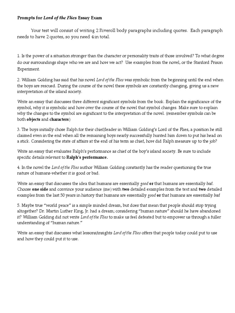 Lord of The Flies Essay Prompts - Options Revised 2010 | PDF | Essays ...
