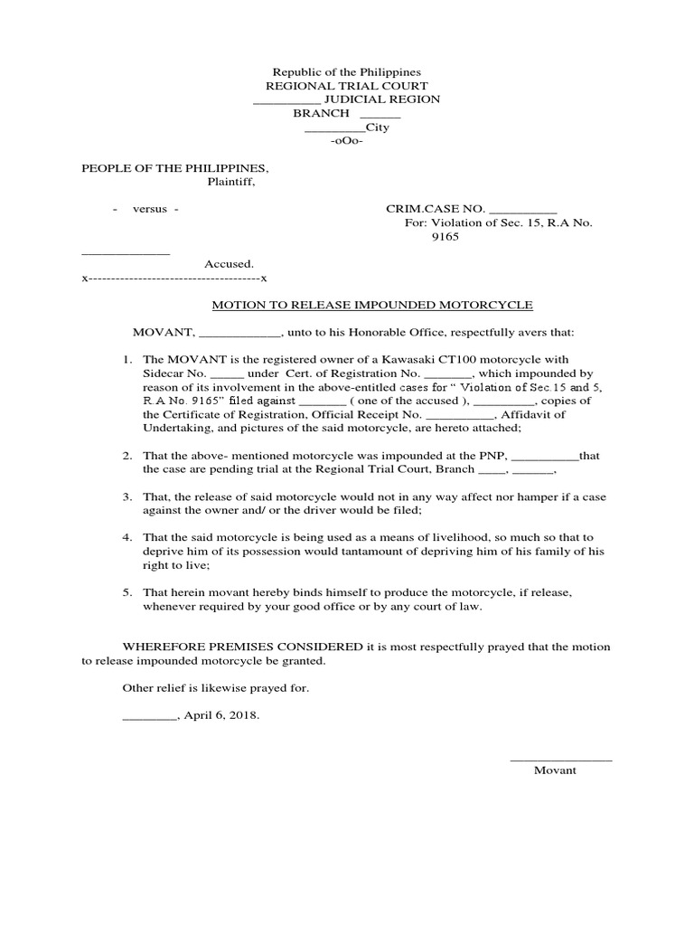 Motion to Release Impounded Vehicle Sample Format | Common Law ...