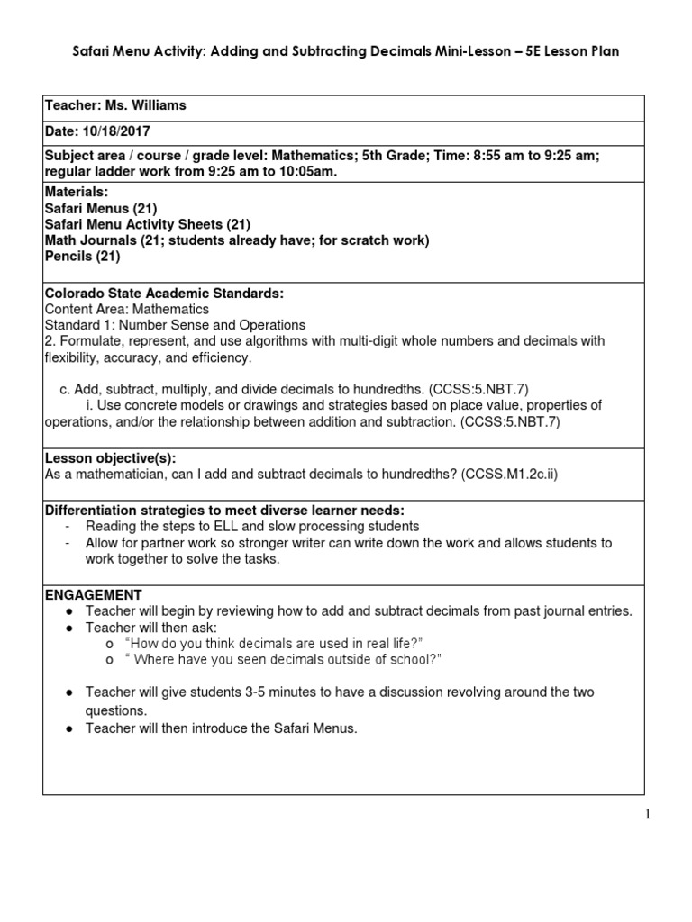 Safari Menu Activity Lesson Plan | PDF | Menu | Lesson Plan