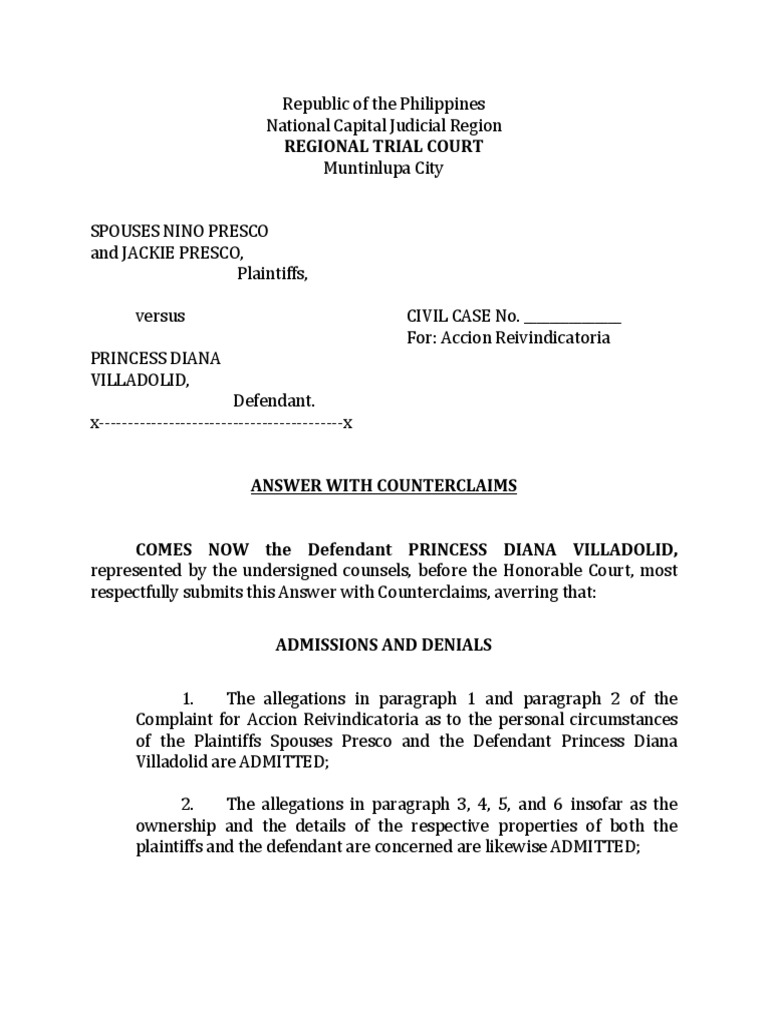 Answer Accion Reivindicatoria | PDF | Affidavit | Pleading