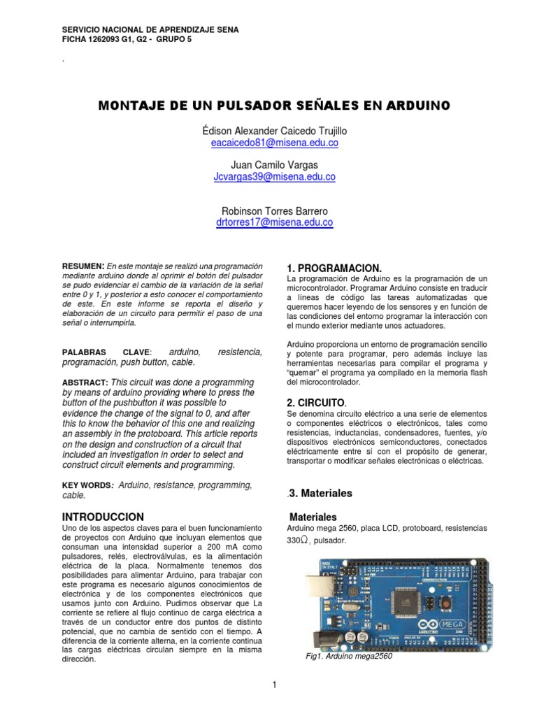 Informe Ieee Circuito Pulsador Terminado | PDF | Corriente eléctrica | Arduino