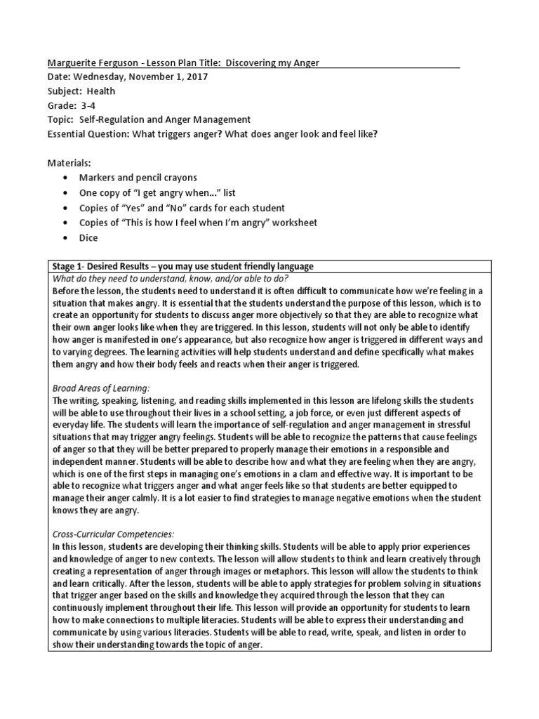 Discovering Anger Lesson Plan New | PDF | Anger | Educational Assessment