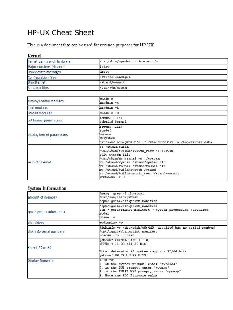 HP Unix Cheat Sheet | PDF | Operating System Technology | Kernel (Operating System)