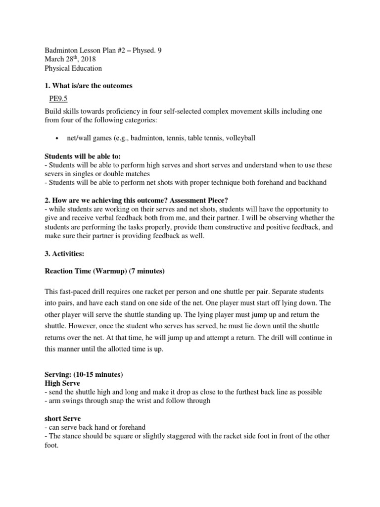 Badminton Lesson Plan 2 | PDF | Sports | Leisure