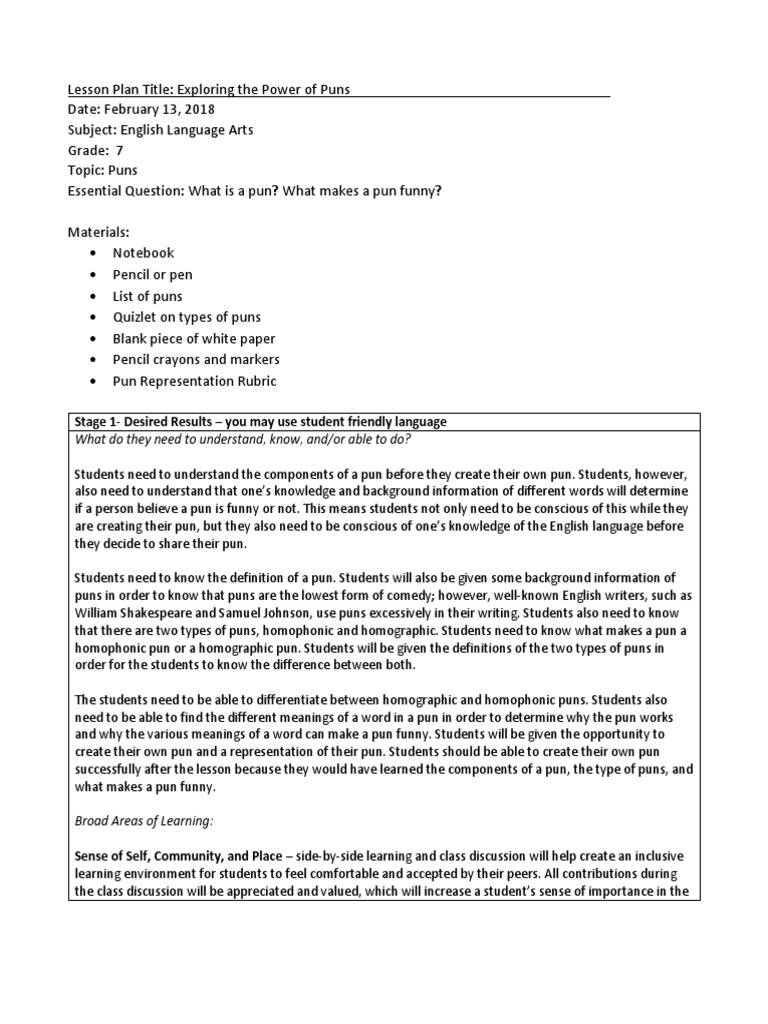Puns Lesson Plan Day 1 | PDF | Educational Assessment | Learning