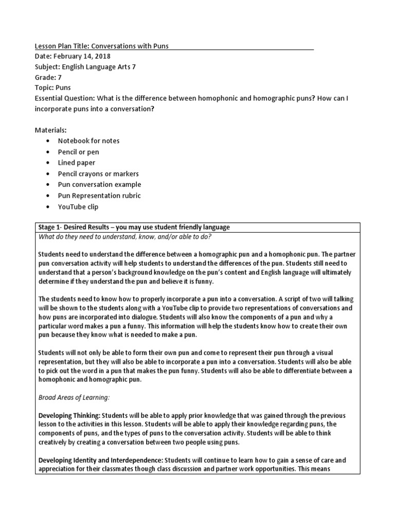 Puns Lesson Plan Day 2 | PDF | Educational Assessment | Literacy