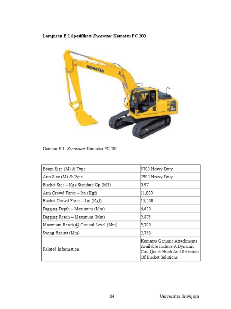 Spesifikasi Excavator Komatsu PC 200 | PDF