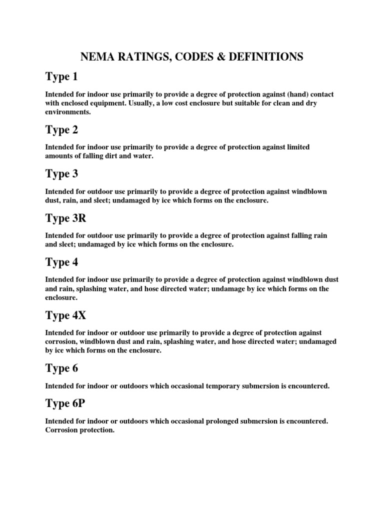 Nema Ratings, Codes & Definitions Type 1 | Download Free PDF | Nature