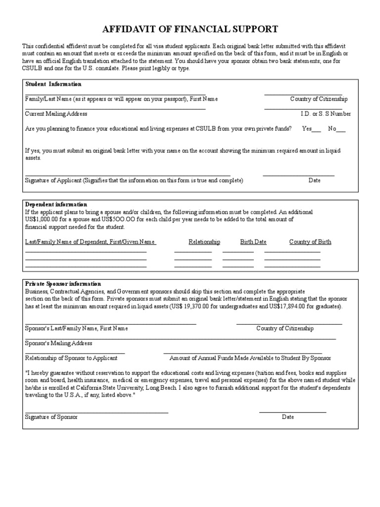 Affidavit Of Financial Support Letter