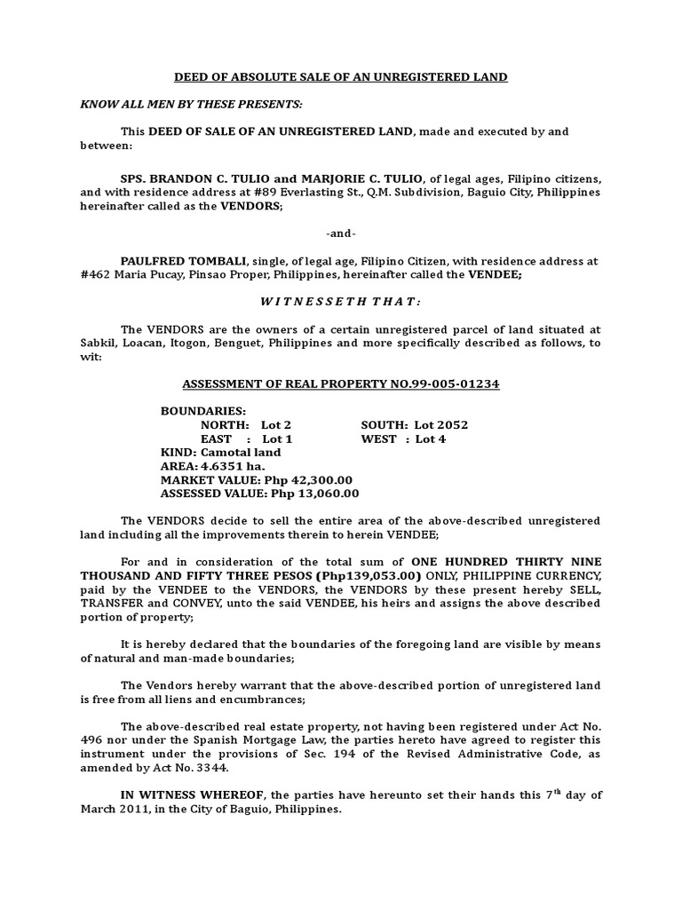 Deed of Sale for Unregistered Land | PDF | Real Property | Property Law