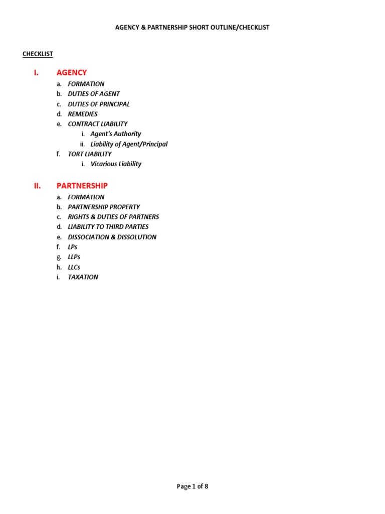 Bar Prep - Outline - Agency & Partnership - Short | PDF | Limited ...