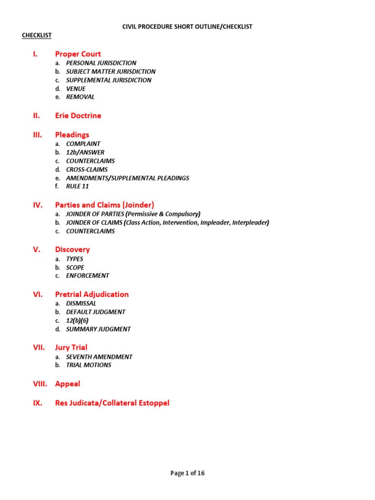 Bar Prep - Outline - Civ Pro - Short | PDF | Federal Rules Of Civil ...