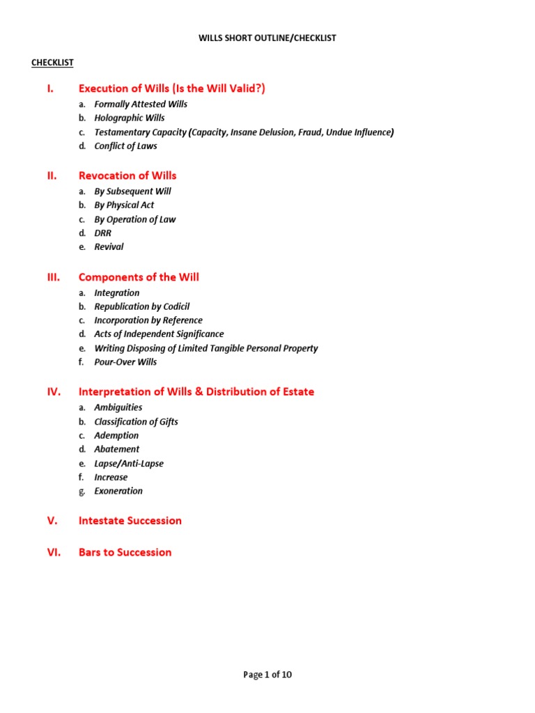 Bar Prep - Outline - Wills - Short | PDF | Will And Testament | Intestacy