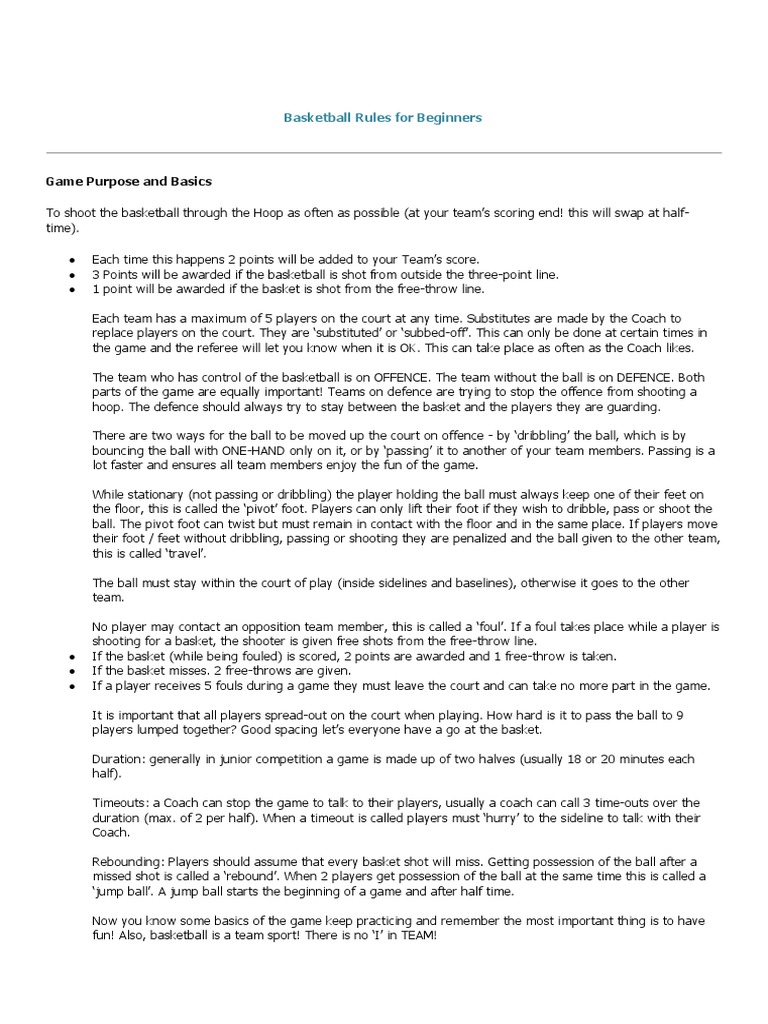 Basketball Rules For Beginners | PDF | Basketball Positions | Rules