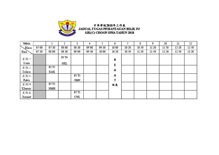2018年工作表 Jadual Tugas Pemantauan Bilik Pj Sjk (C) Choon Hwa Tahun 2018 ...
