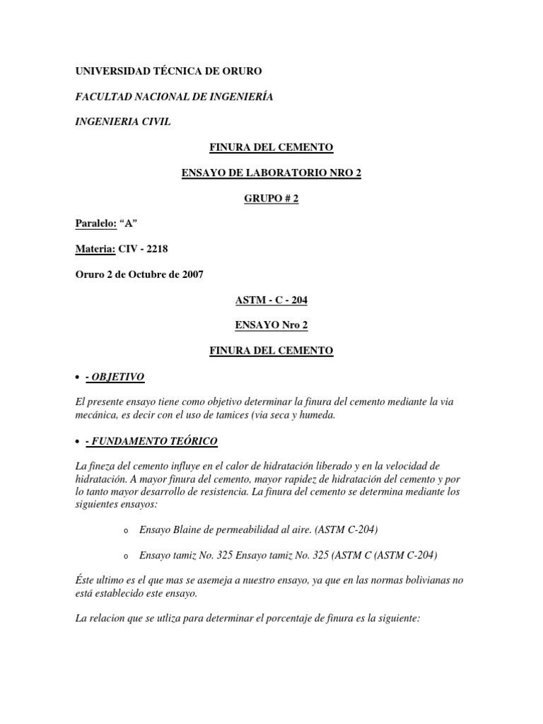 Ensayo de Finura Del Cemento Astm c204 | PDF | Cemento | Materiales