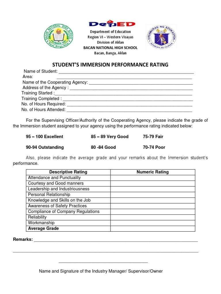 Student'S Immersion Performance Rating: Bacan National High School | PDF
