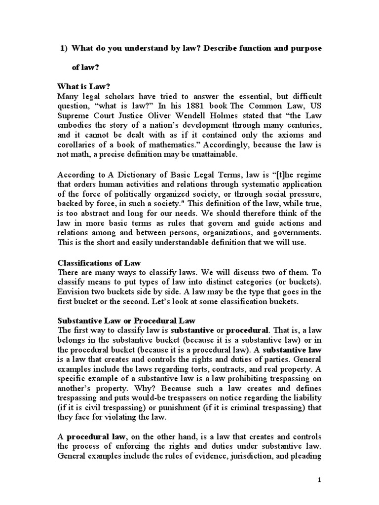 1) What Do You Understand by Law? Describe Function and Purpose of Law ...